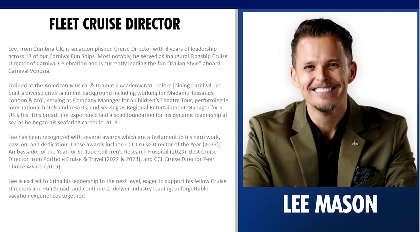 Lee Mason Promoted to Fleet Cruise Director, Leaving Carnival Venezia